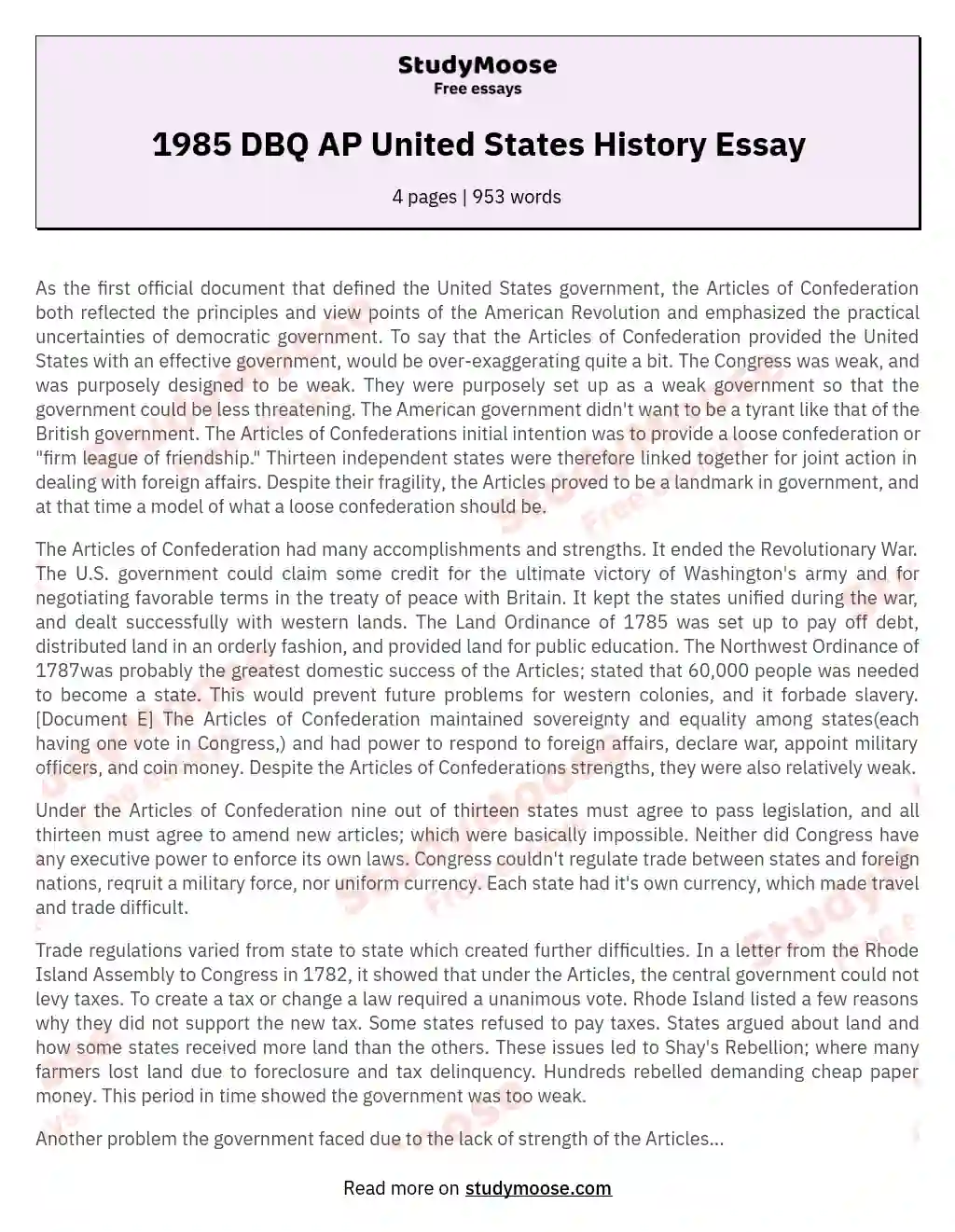 1985 DBQ AP United States History Essay Free Essay Example