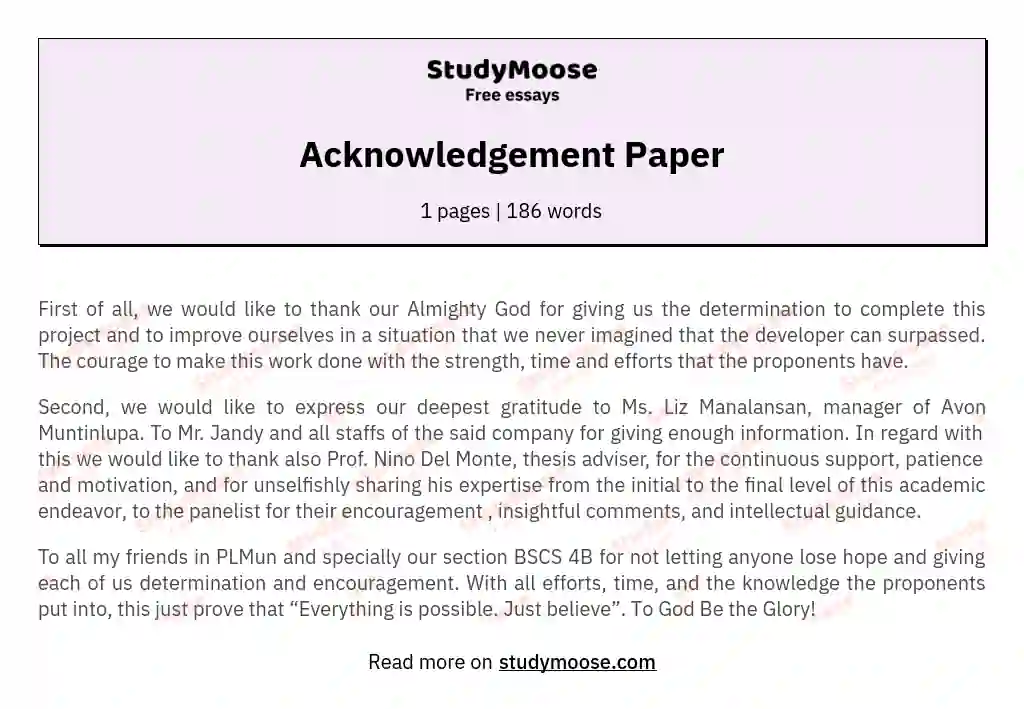 Acknowledgement Paper Free Essay Example