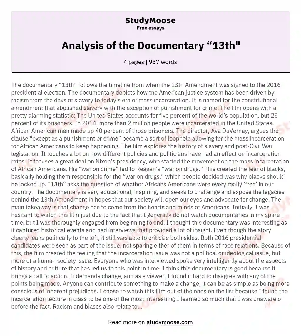 Analysis Of The Documentary 13th Free Essay Example