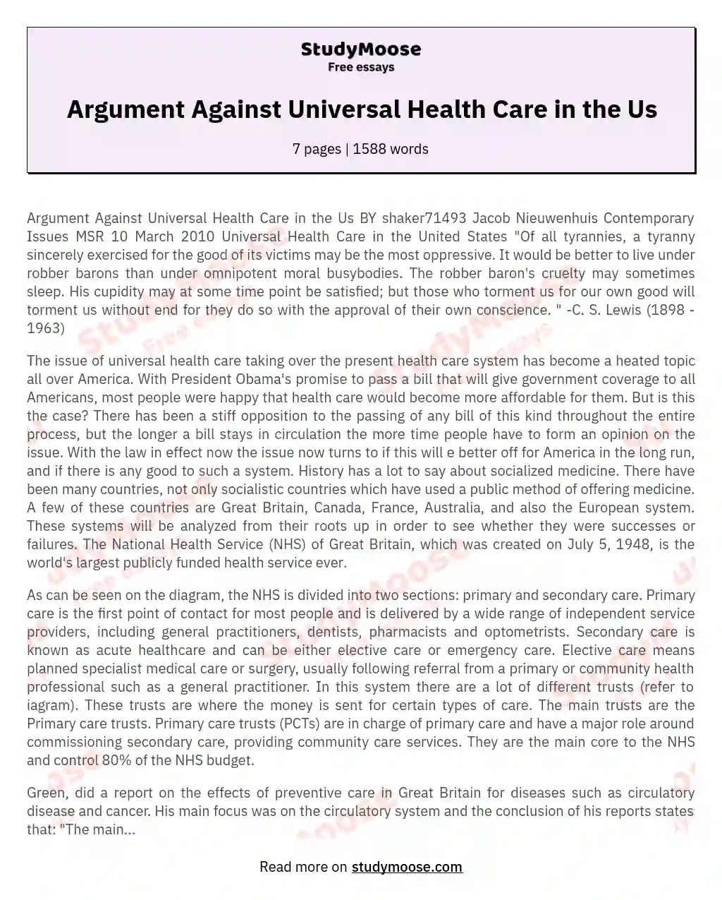 Argument Against Universal Health Care In The Us Free Essay Example