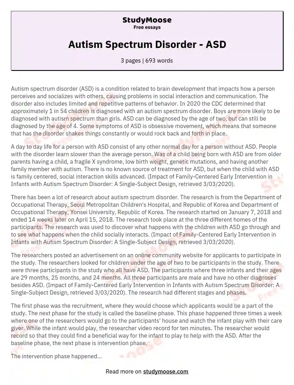 Autism Spectrum Disorder ASD Free Essay Example