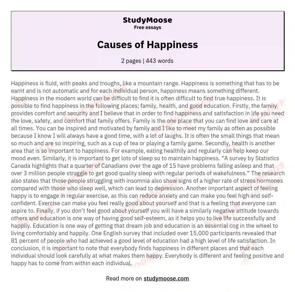 Causes Of Happiness Free Essay Example