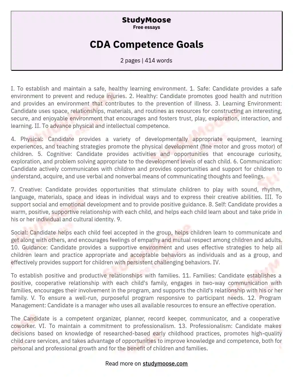 CDA Competence Goals Free Essay Example
