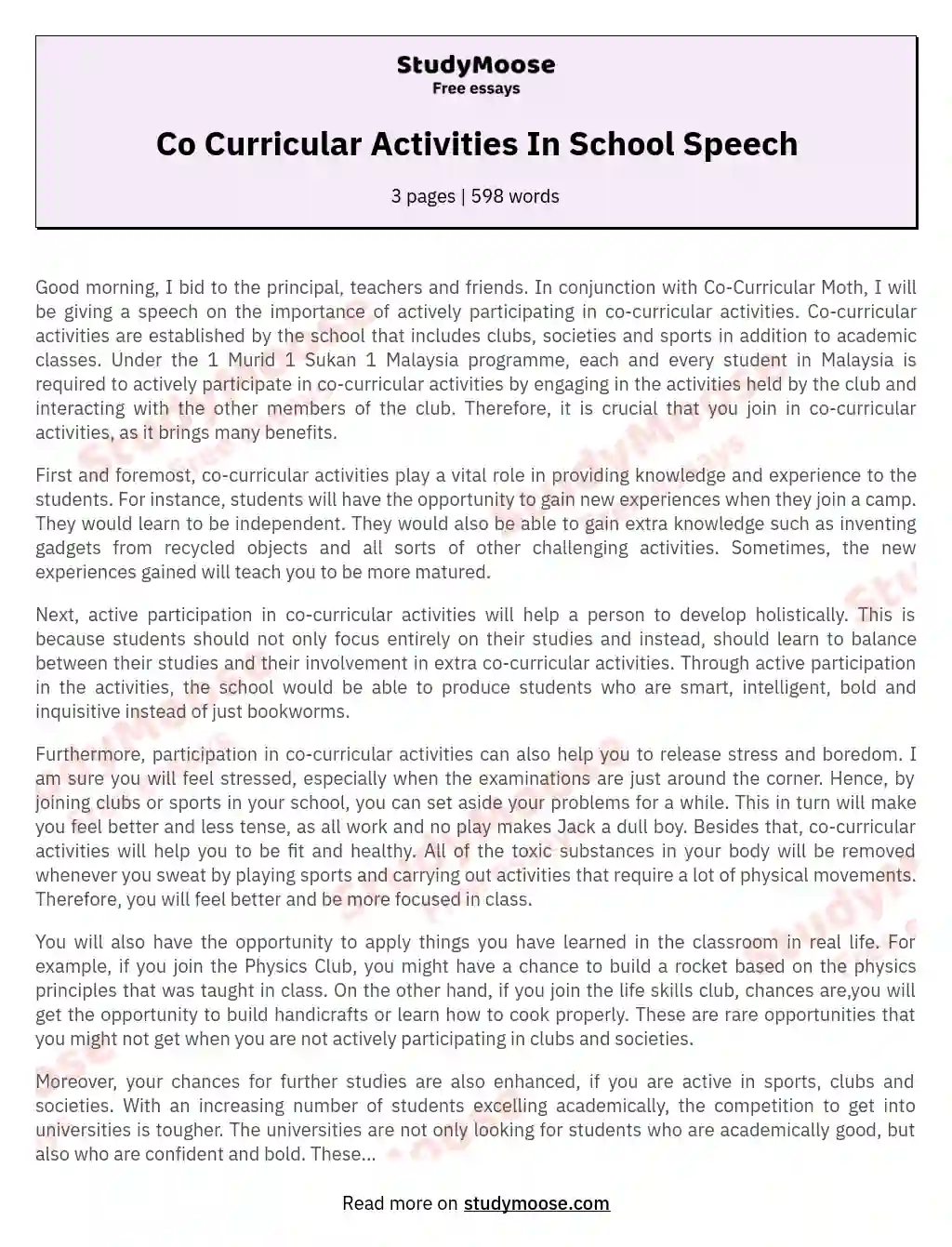 Co Curricular Activities In School Speech Free Essay Example