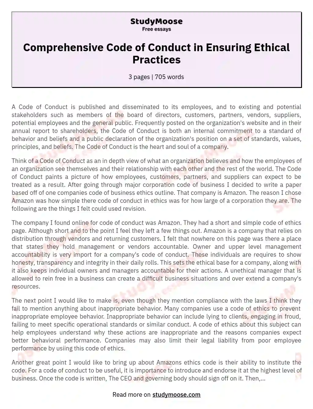 Code Of Conduct Free Essay Example