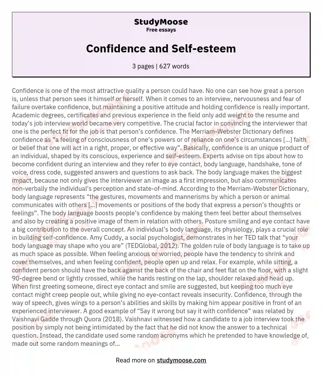 Confidence And Self esteem Free Essay Example