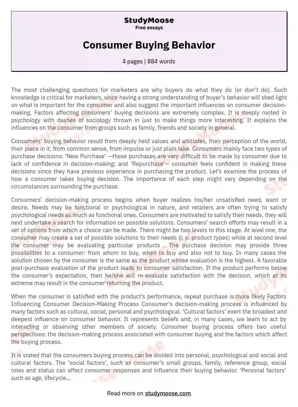  Consumer Buying Behavior Essay Free Consumer Buying Behavior Essays