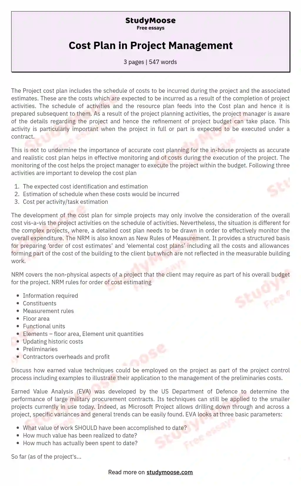 Cost Plan In Project Management Free Essay Example