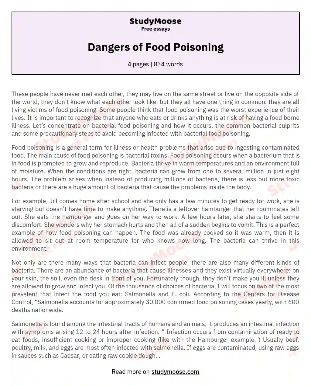 Dangers Of Food Poisoning Free Essay Example