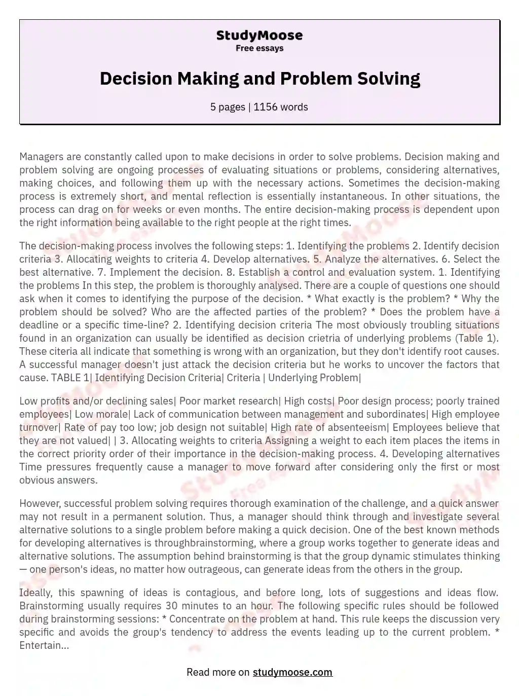 Decision Making And Problem Solving Free Essay Example