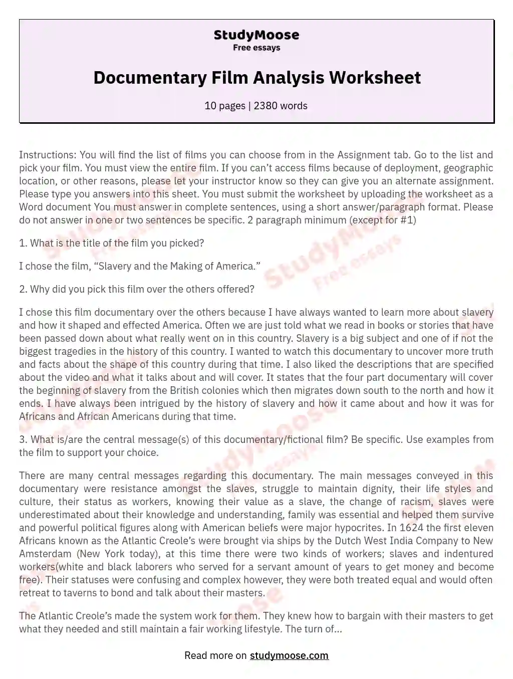 Documentary Film Analysis Worksheet Free Essay Example