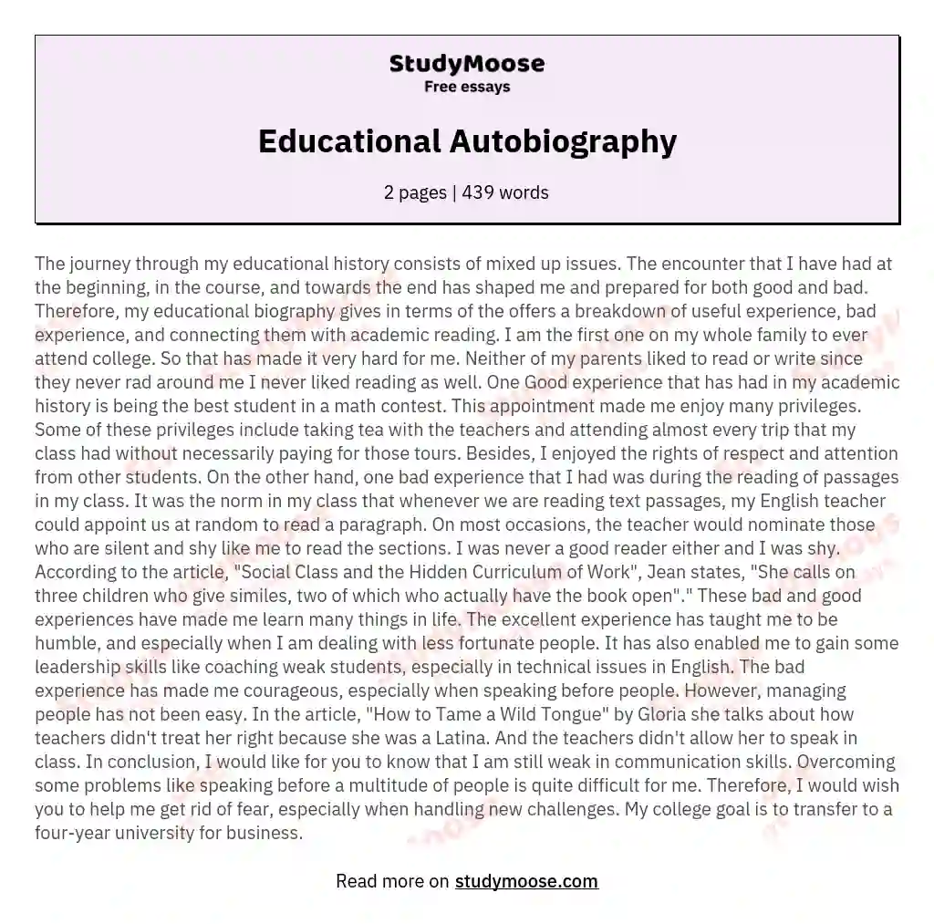  Autobiography Sample Essay For College Example Of Autobiography In