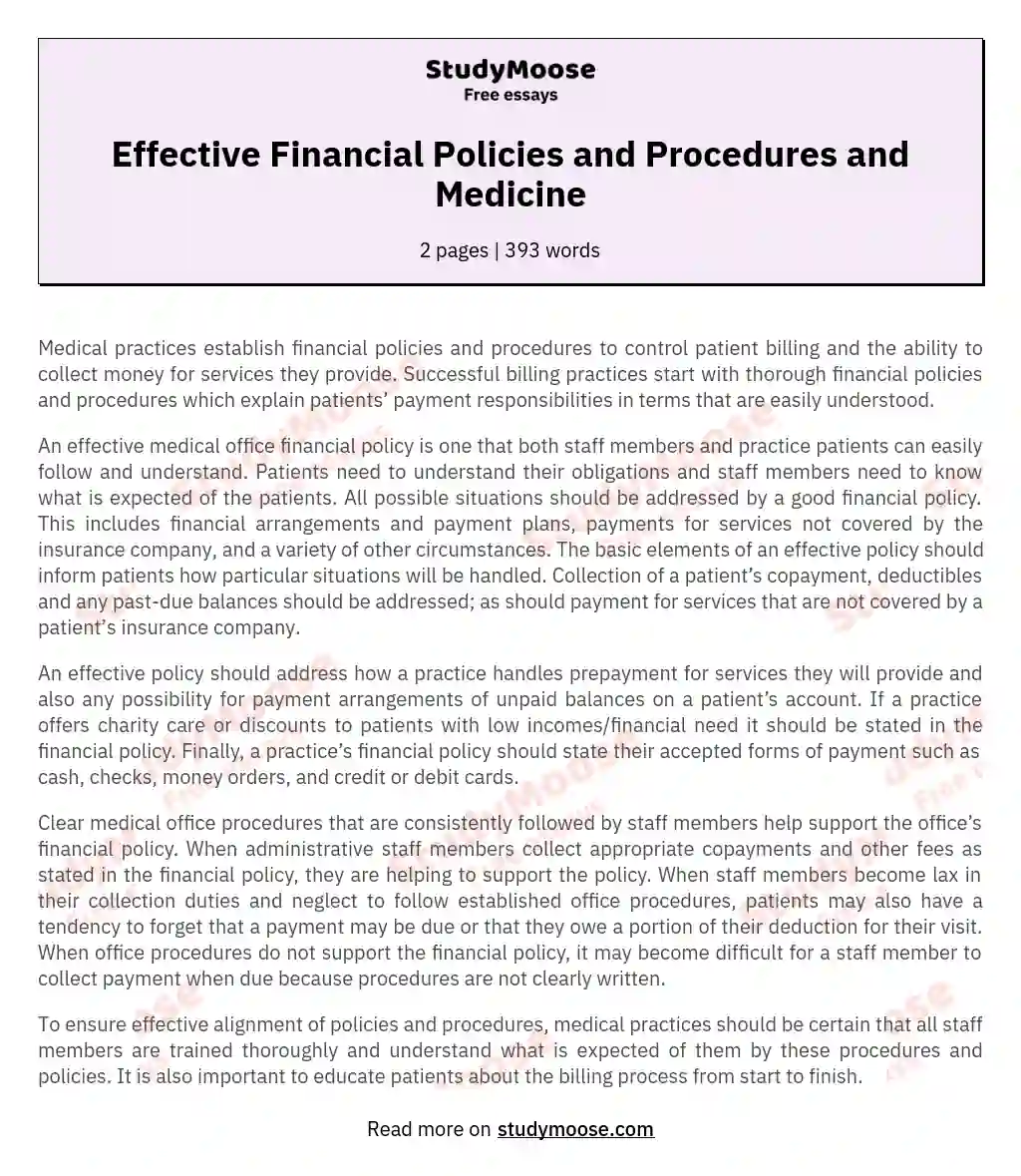 Effective Financial Policies And Procedures And Medicine Free Essay Example