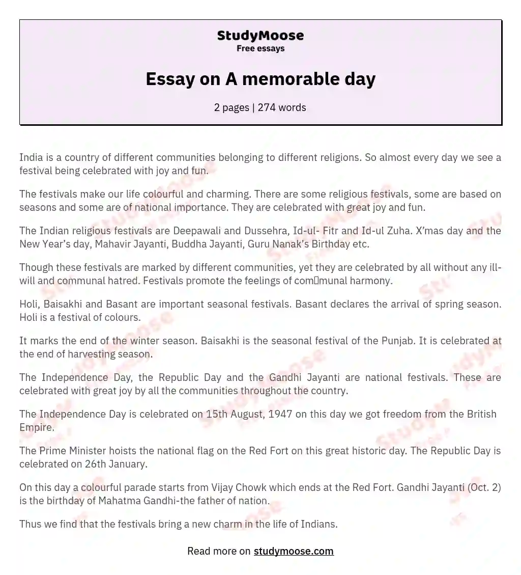 Essay On A Memorable Day Free Essay Example