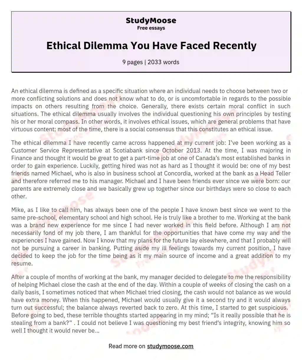 Ethical Dilemma You Have Faced Recently Free Essay Example