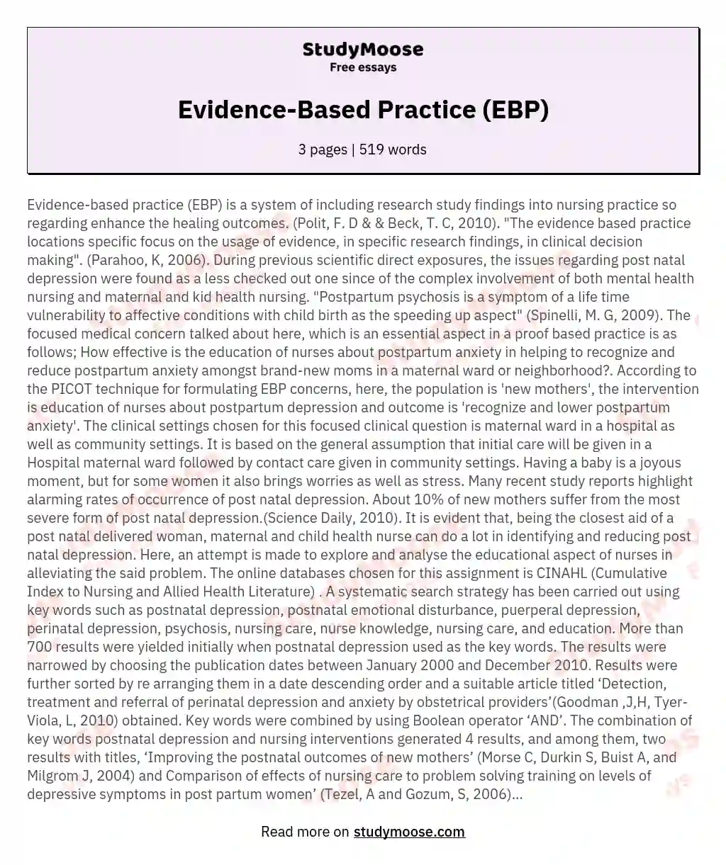 Evidence Based Practice EBP Free Essay Example
