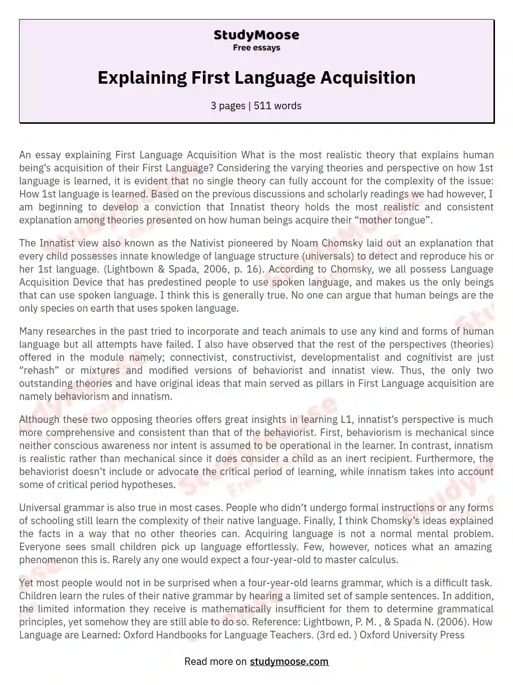 Explaining First Language Acquisition Free Essay Example