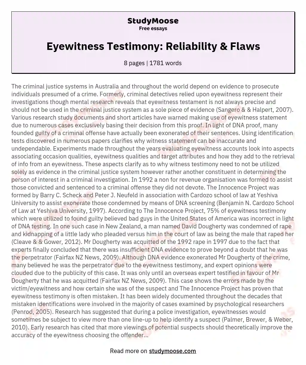 Eyewitness Testimony Reliability Flaws Free Essay Example