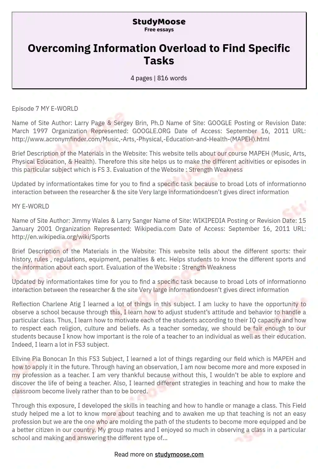 Field Study Free Essay Example