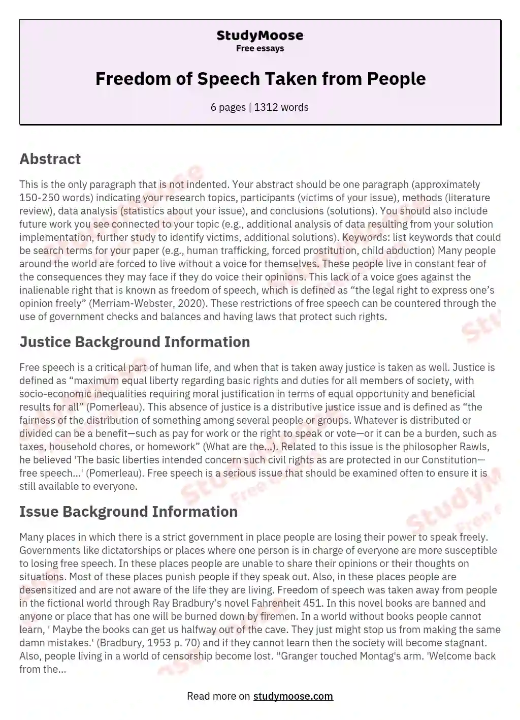 Freedom Of Speech Taken From People Free Essay Example