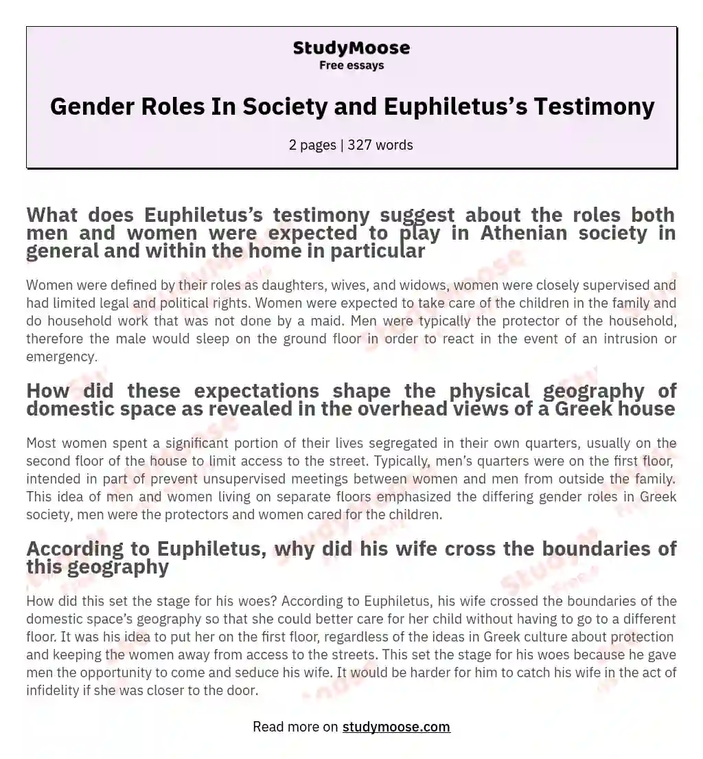 Gender Roles In Society And Euphiletus s Testimony Free Essay Example