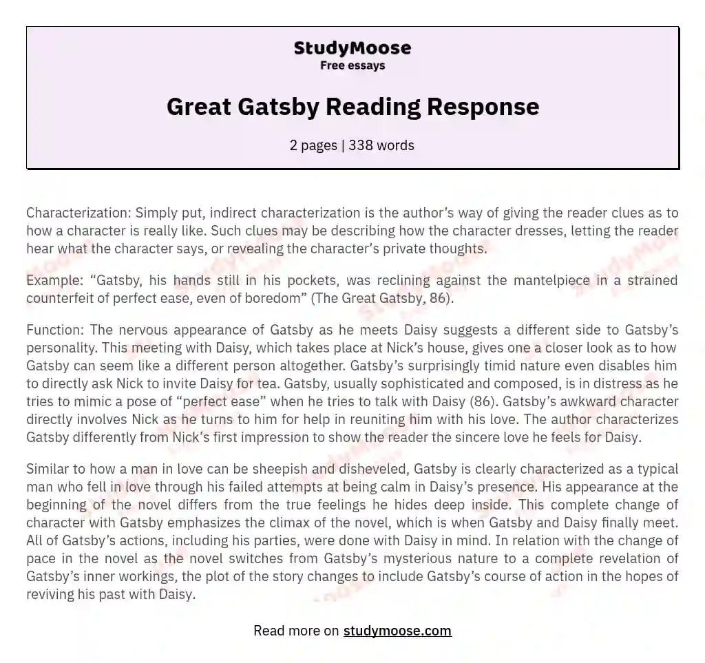 Great Gatsby Reading Response Free Essay Example