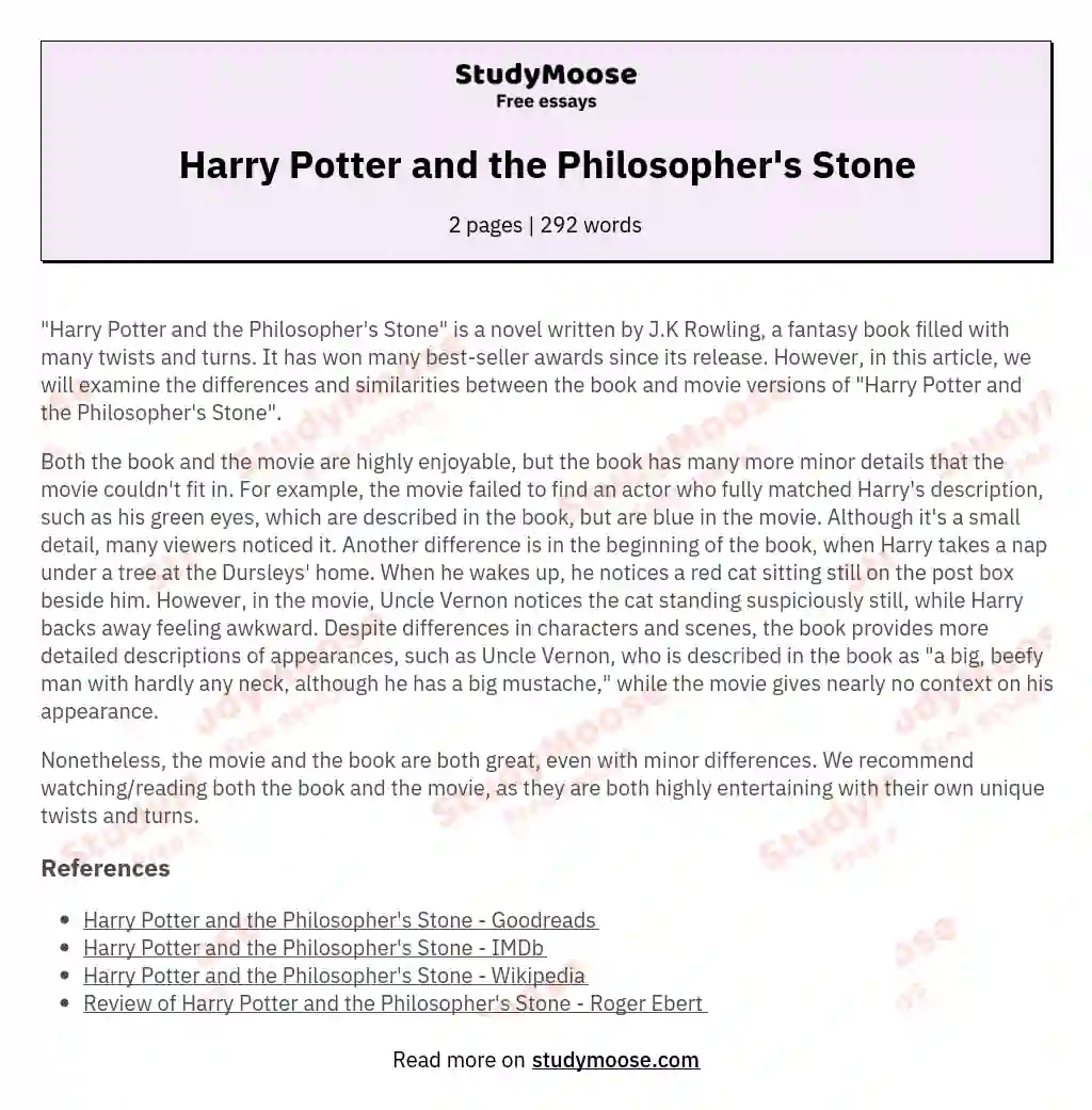 Harry Potter And The Philosopher s Stone Free Essay Example