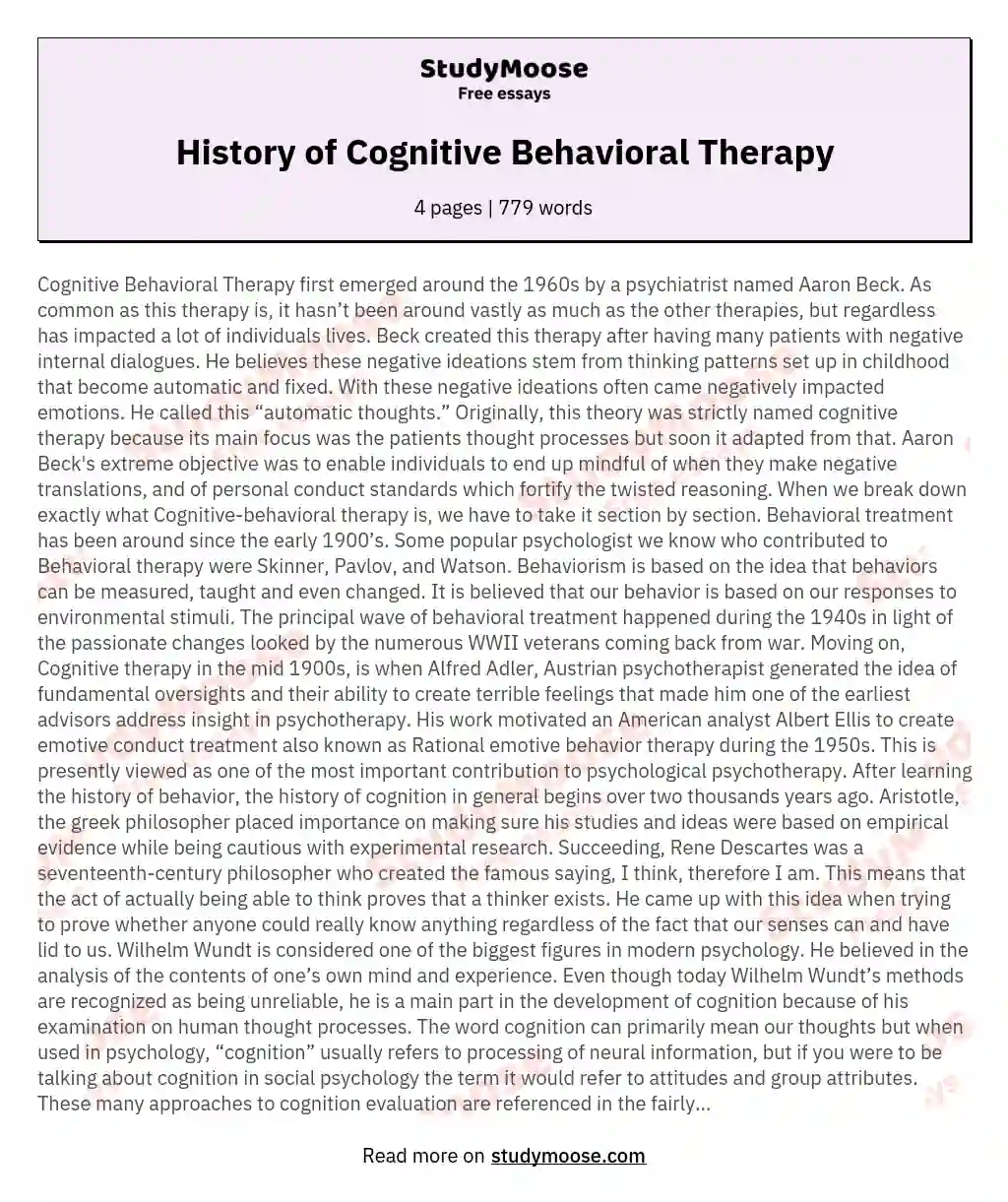 History Of Cognitive Behavioral Therapy Free Essay Example