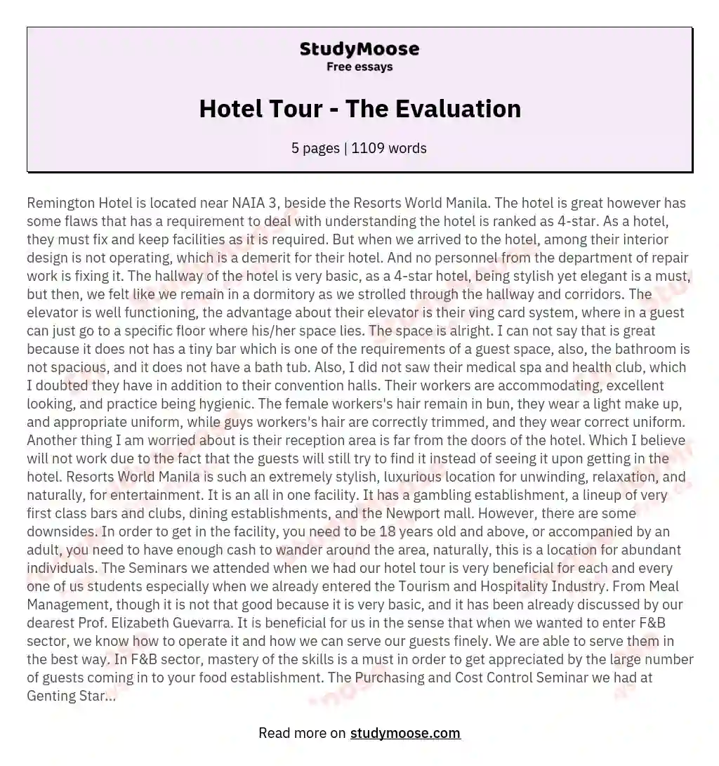 Hotel Tour The Evaluation Free Essay Example
