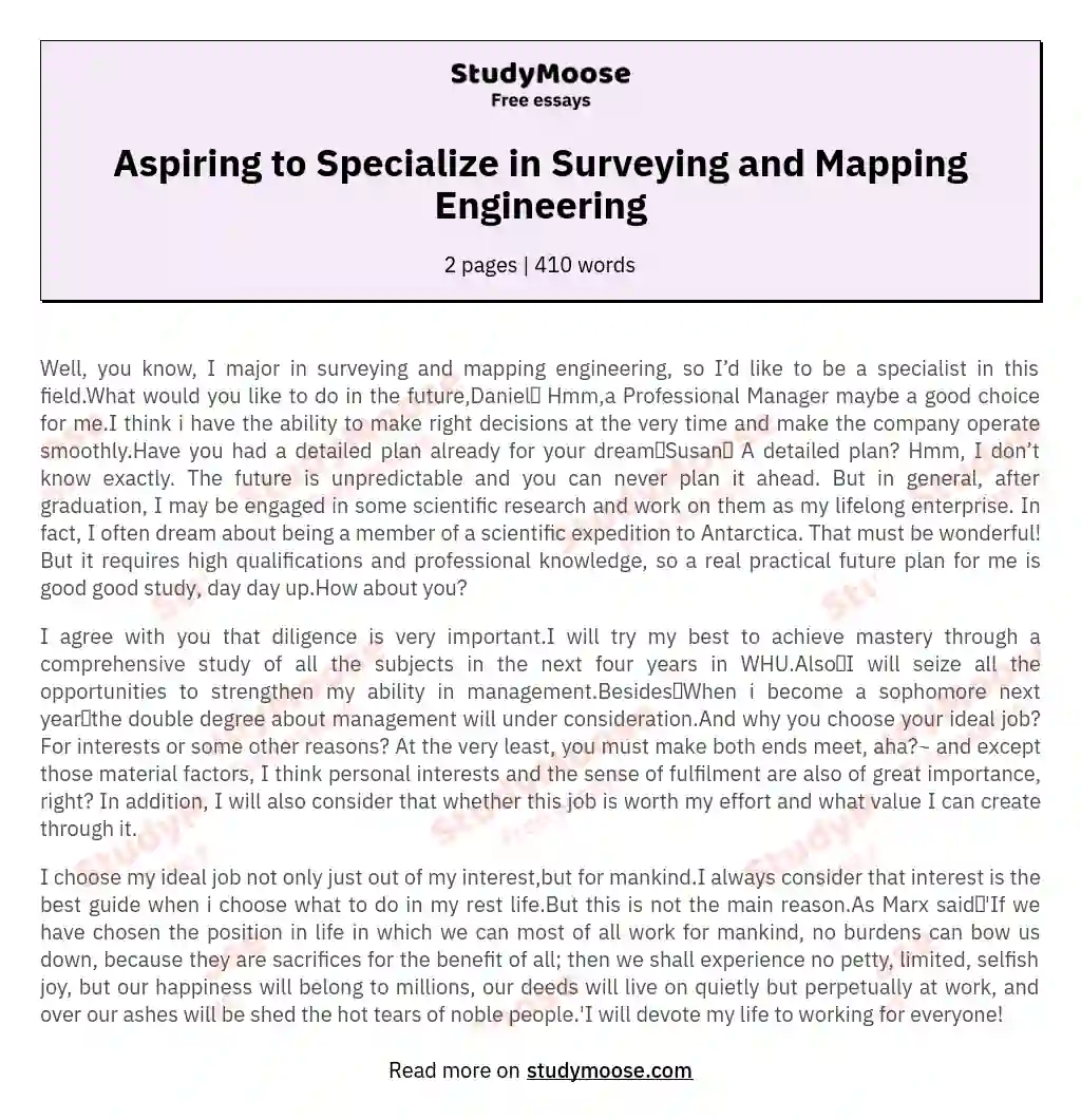 Aspiring To Specialize In Surveying And Mapping Engineering Free Essay 