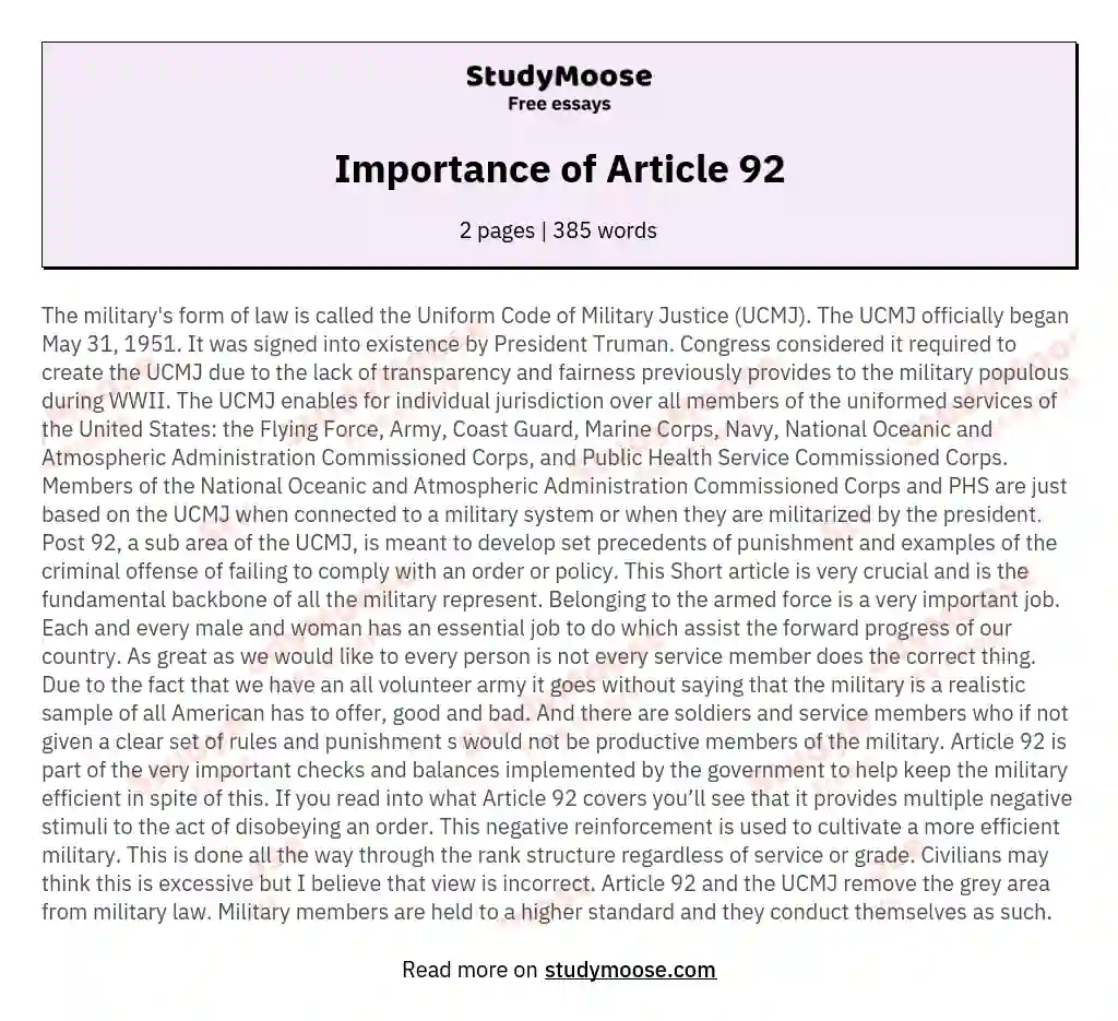 Importance Of Article 92 Free Essay Example