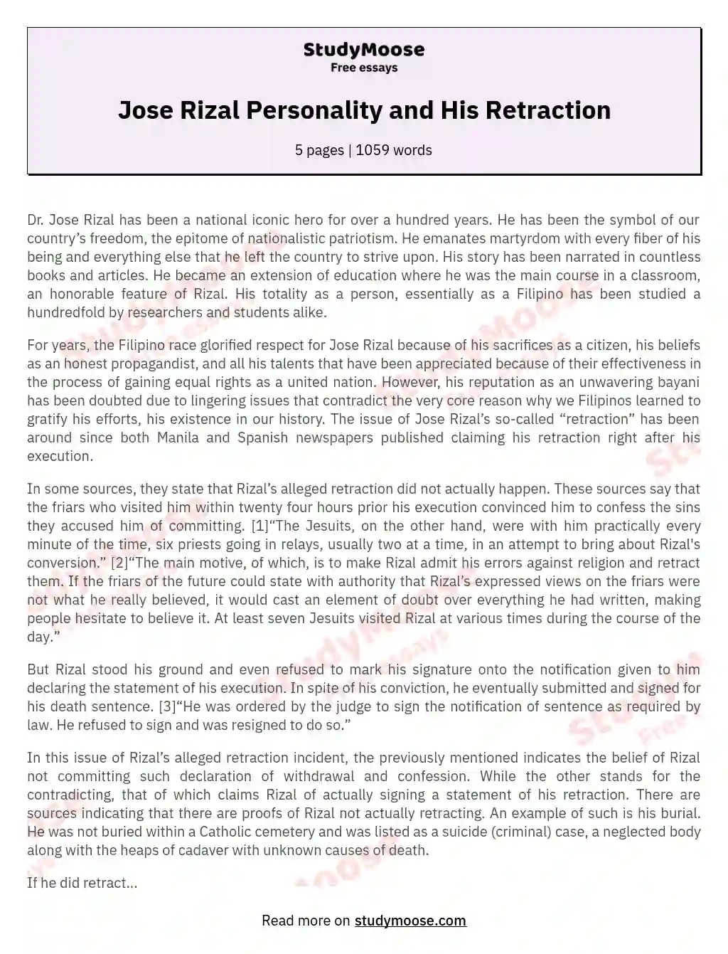 Jose Rizal Personality And His Retraction Free Essay Example