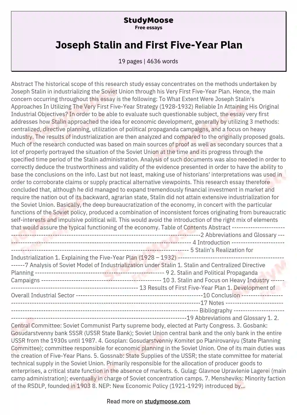 Joseph Stalin And First Five Year Plan Free Essay Example