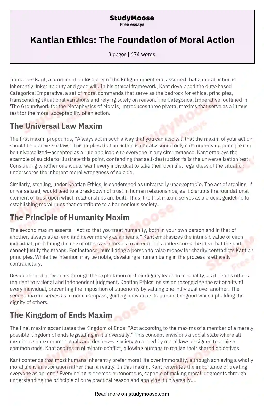 Kant s Categorical Imperative Free Essay Example