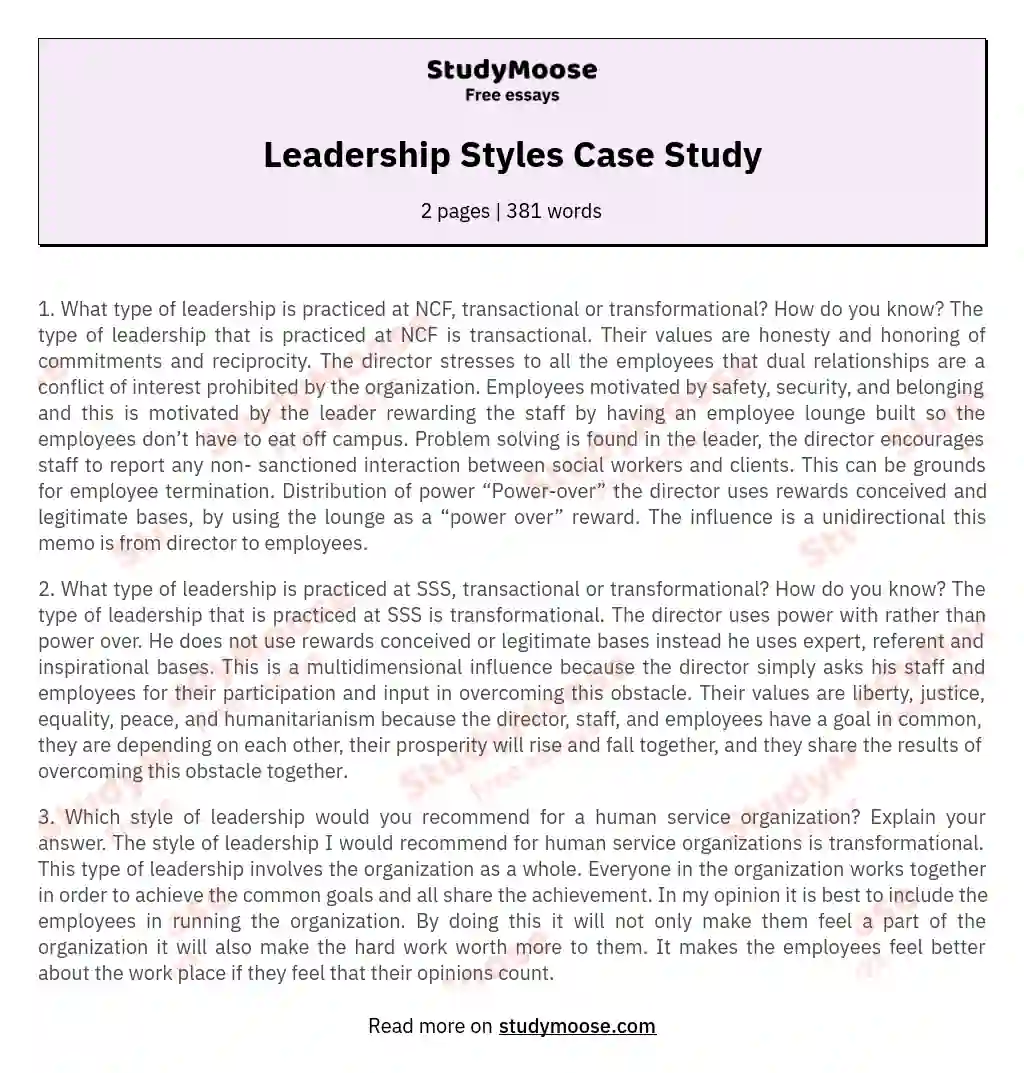 Leadership Styles Case Study Free Essay Example