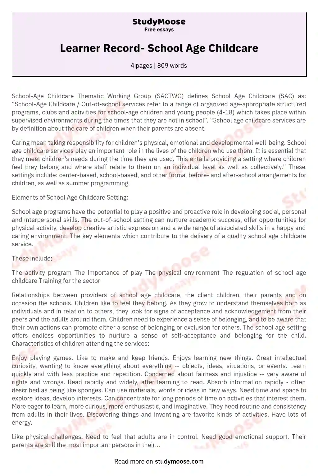 Learner Record School Age Childcare Free Essay Example