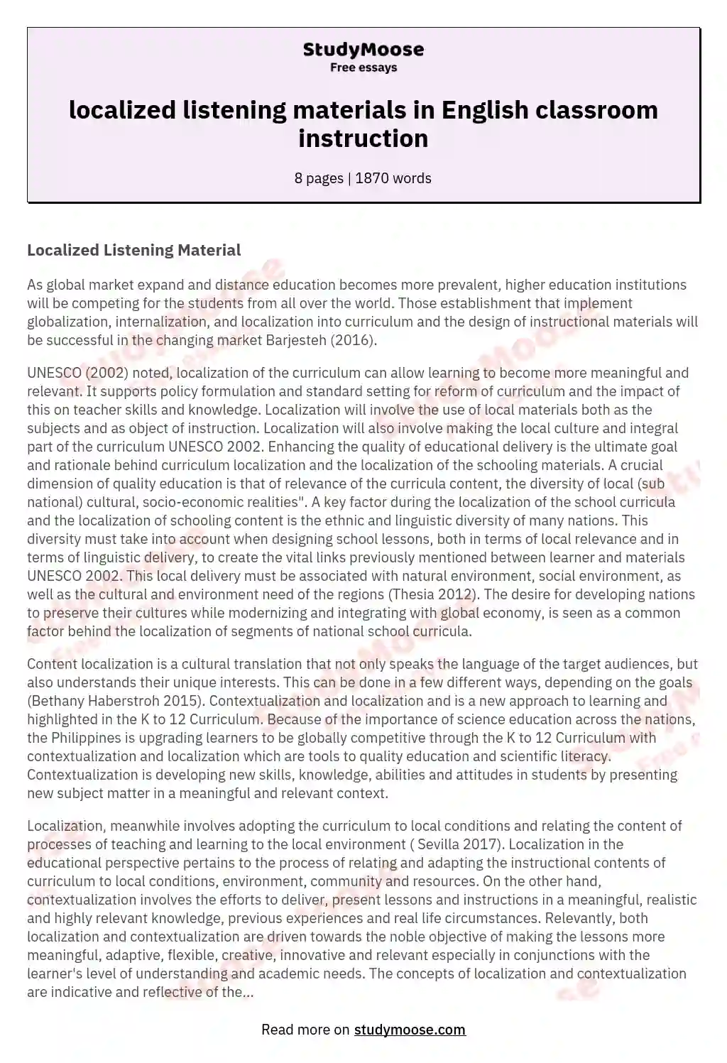 Localized Listening Materials In English Classroom Instruction Free 