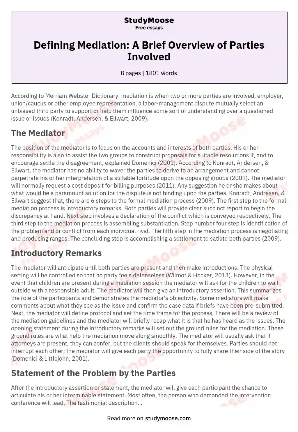 Defining Mediation A Brief Overview Of Parties Involved Free Essay Example