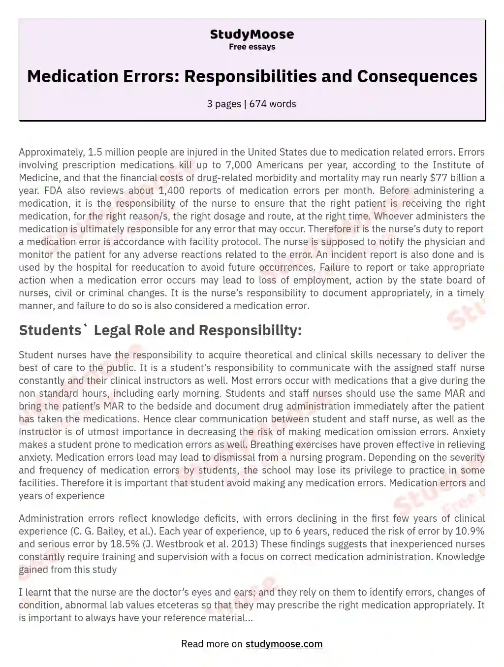 Medication Errors Responsibilities And Consequences Free Essay Example