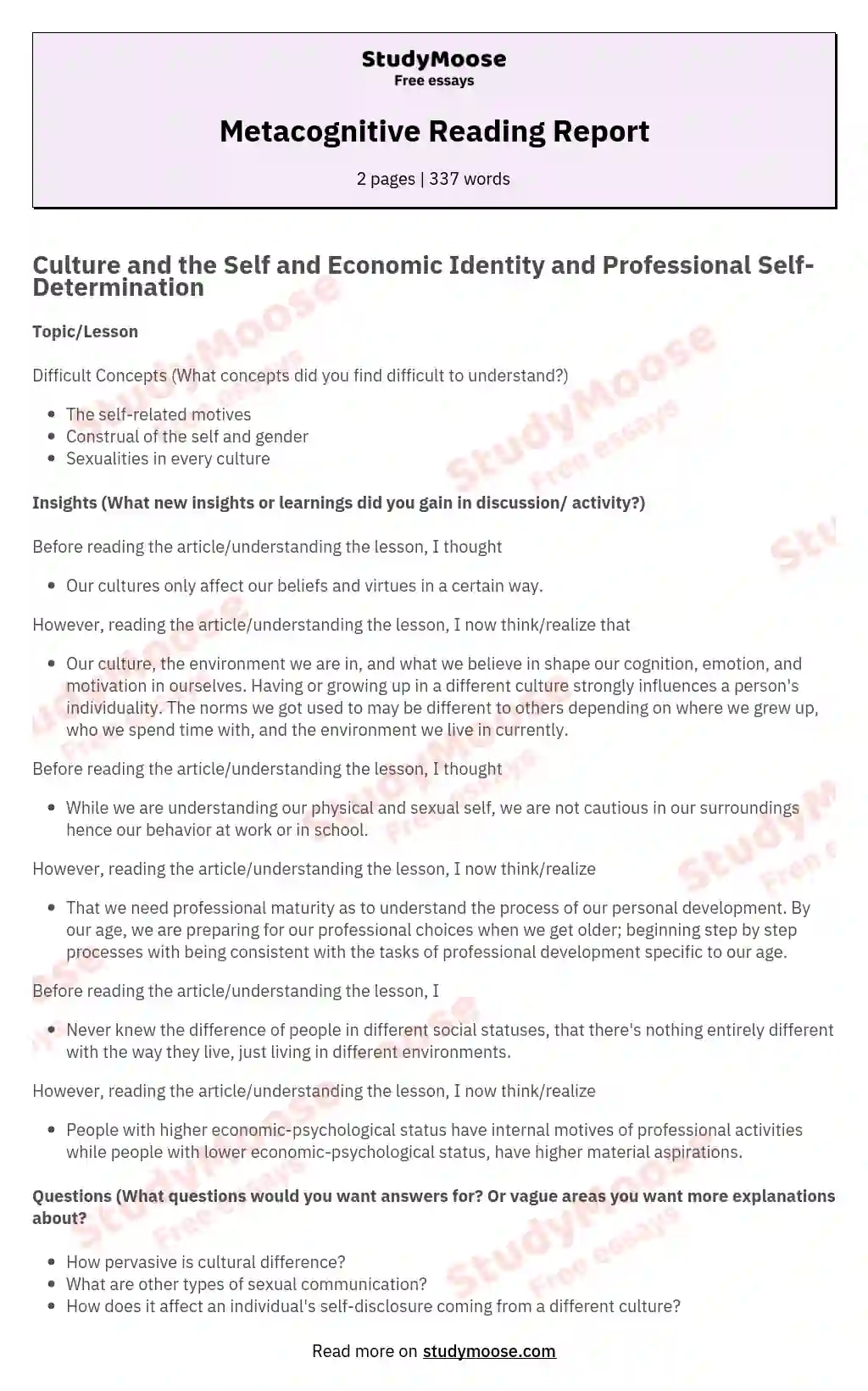 Metacognitive Reading Report Free Essay Example