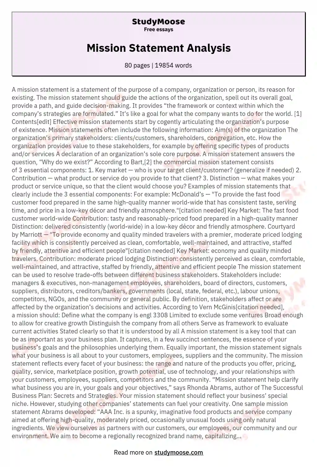 Mission Statement Analysis Free Essay Sample