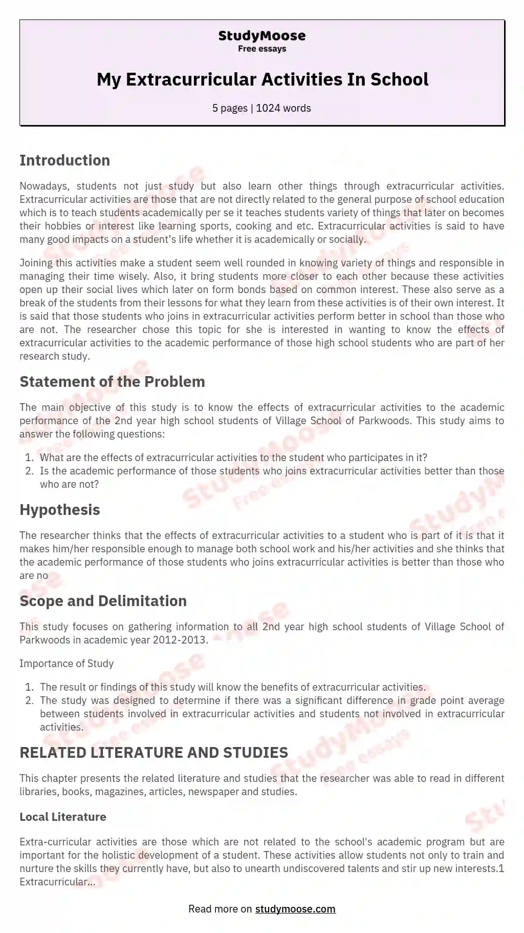 My Extracurricular Activities In School Free Essay Example