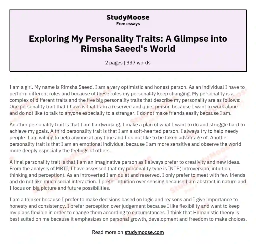 Exploring My Personality Traits A Glimpse Into Rimsha Saeed s World 
