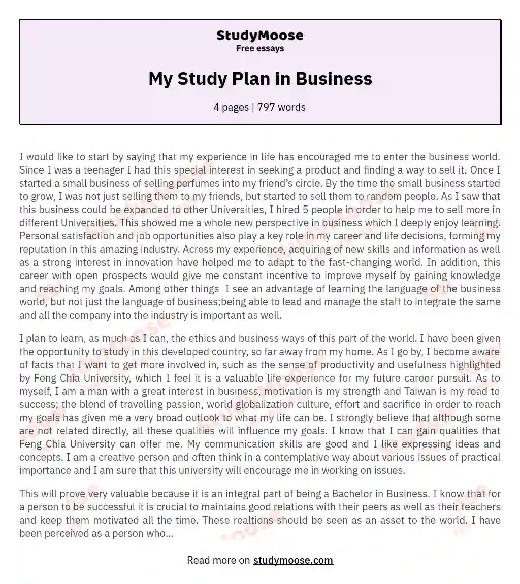 My Study Plan In Business Free Essay Example