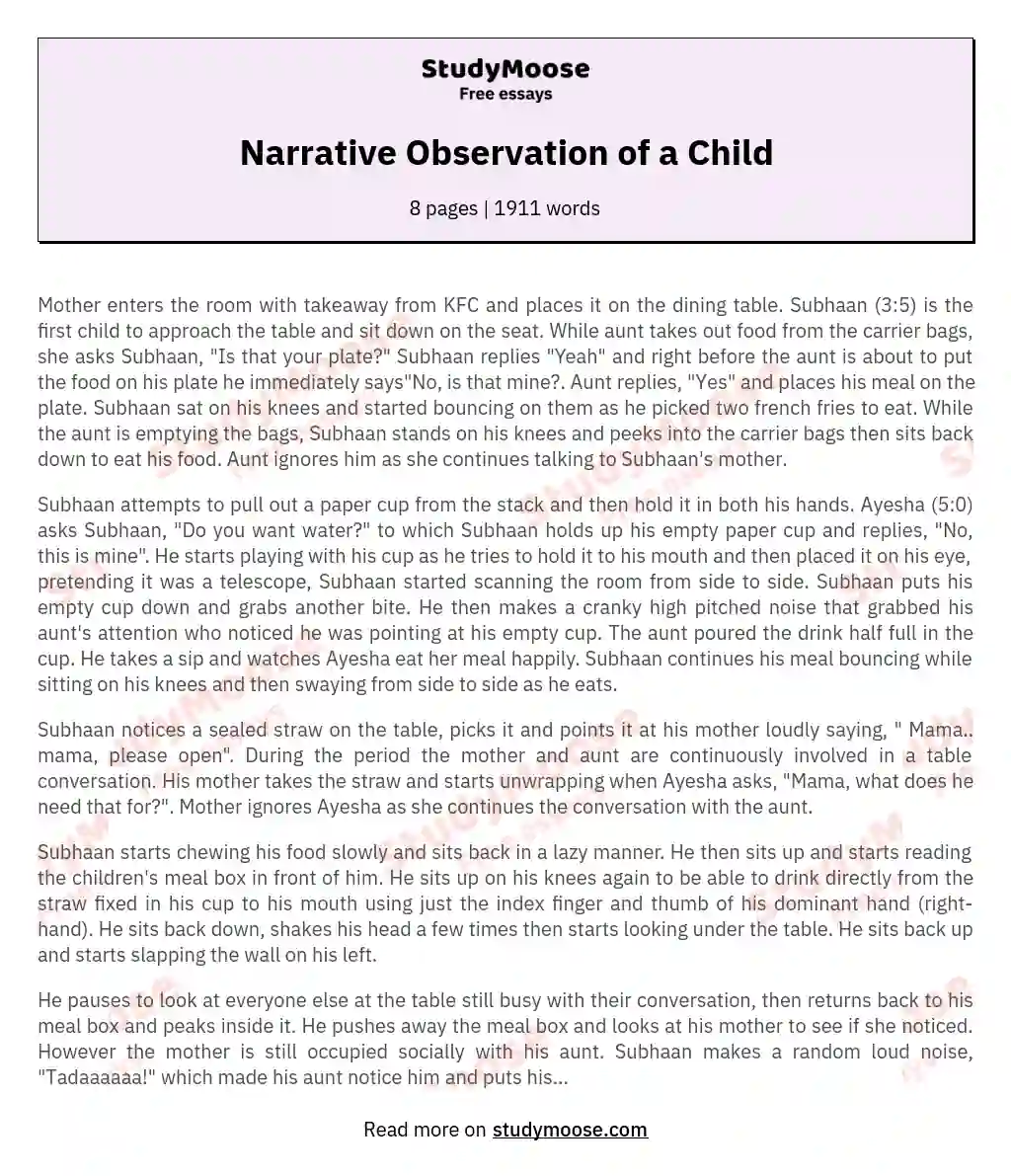 Narrative Observation Of A Child Free Essay Example