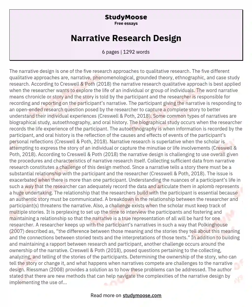 Narrative Research Design Free Essay Example