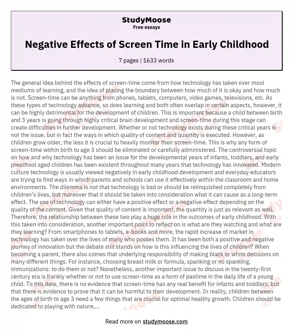 Negative Effects Of Screen Time In Early Childhood Free Essay Example