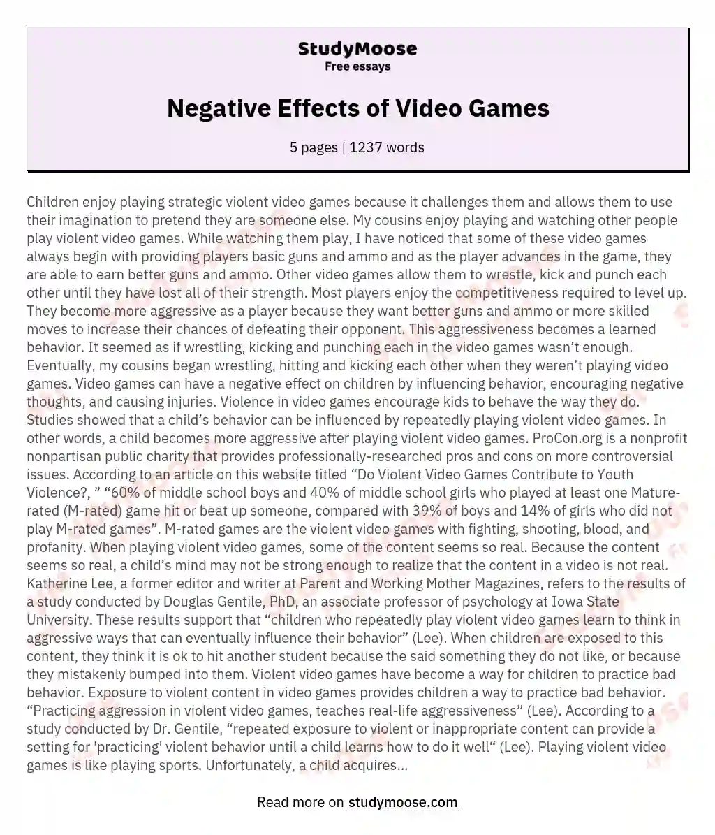Negative Effects Of Video Games Free Essay Example