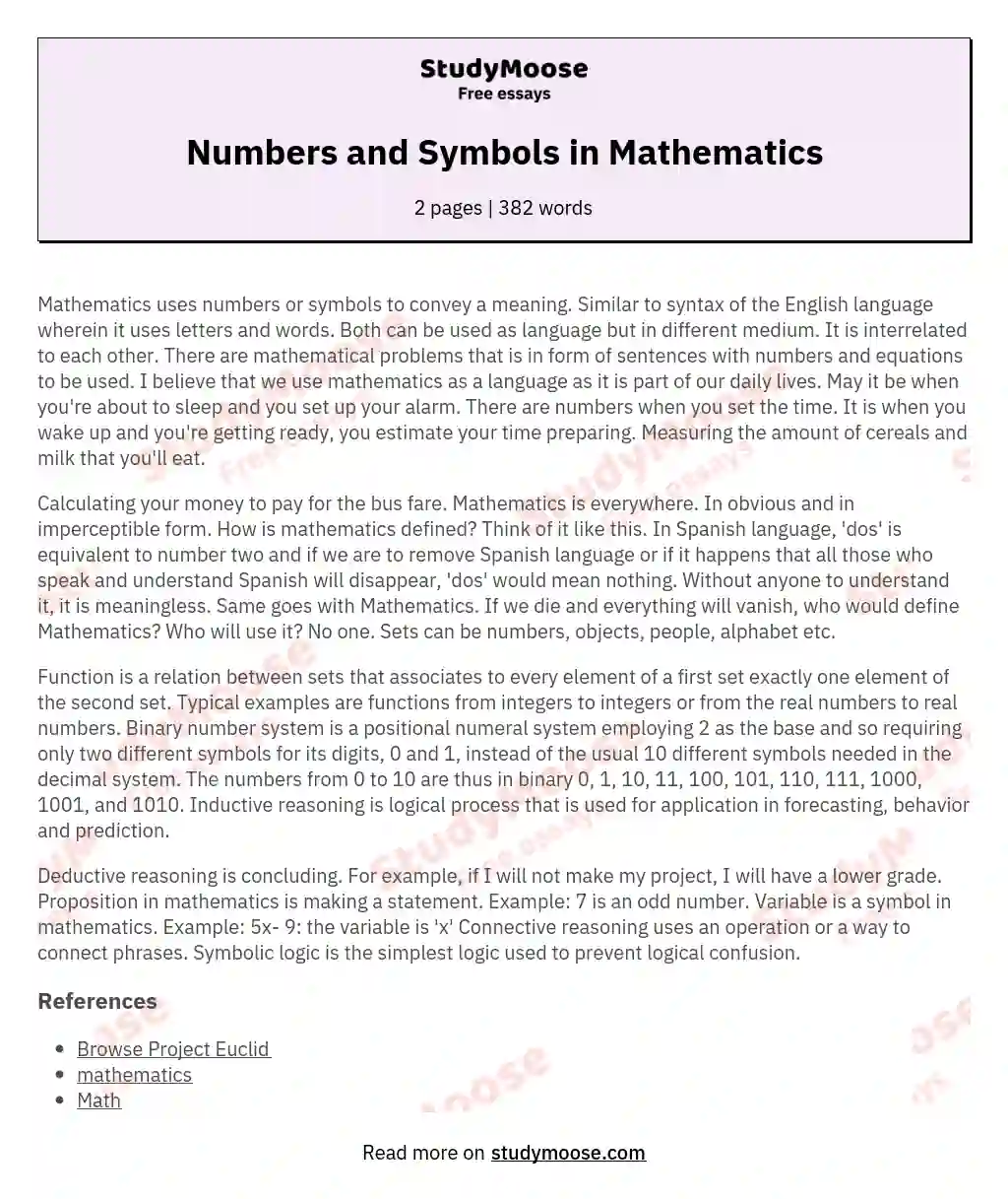Numbers And Symbols In Mathematics Free Essay Example