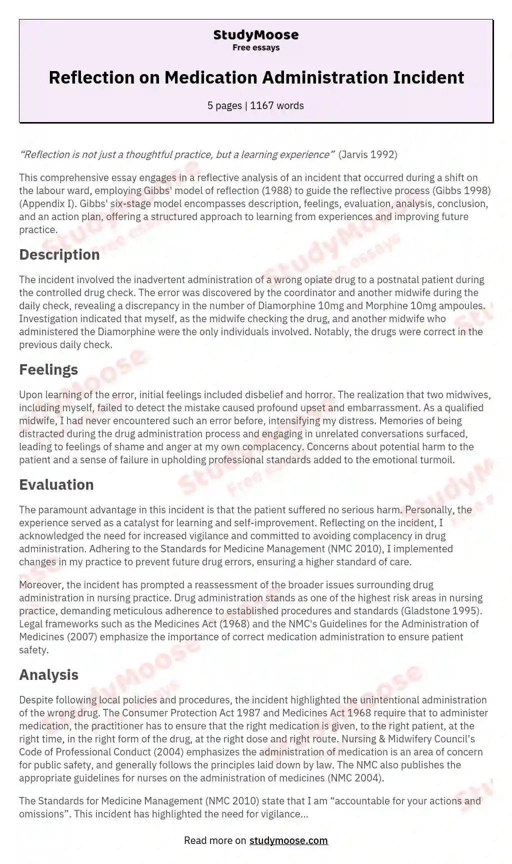 Nursing And Reflective Practice Free Paper Sample
